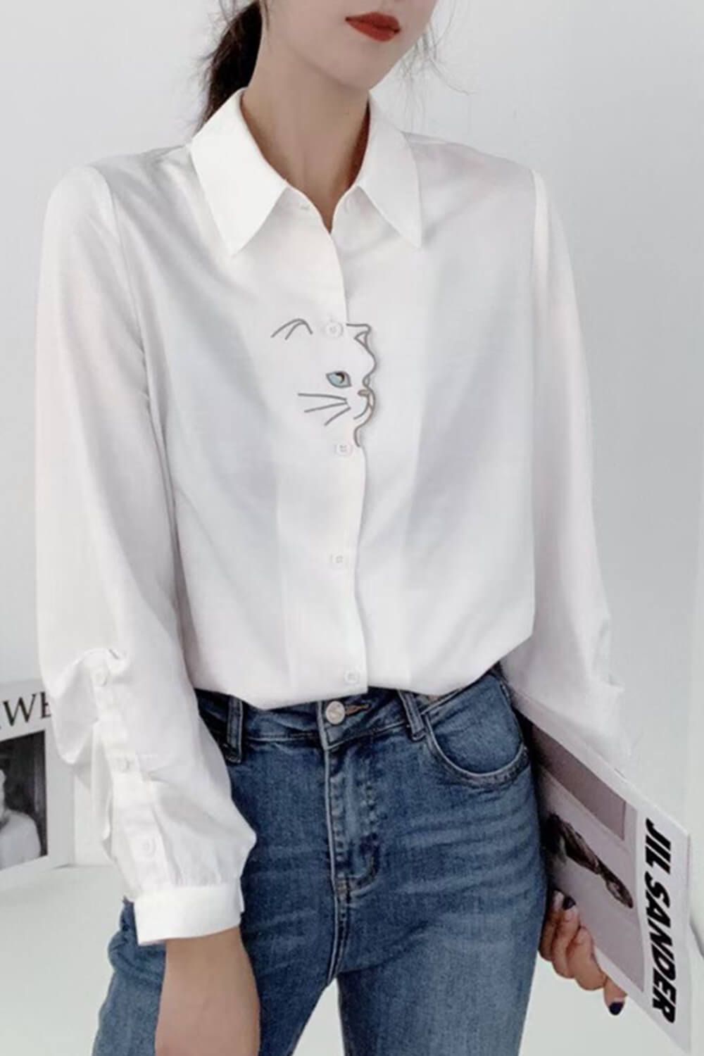 Cat Muzzle White Aesthetic Blouse - Aesthetic Clothes Shop